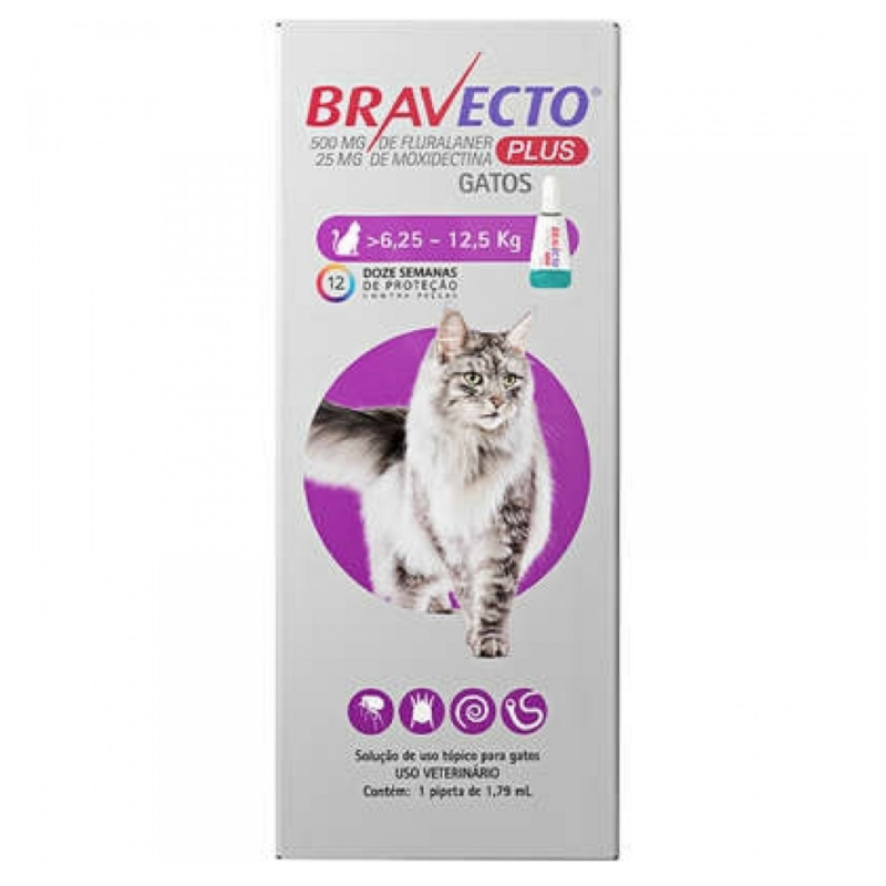 Antipulgas Transdermal Bravecto Plus 500mg/1,79ml para Gatos de 6,25kg até 12,5kg