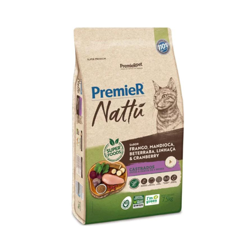Ração PremieR Nattu Gatos Adultos Castrados Frango, Mandioca, Beterraba ...